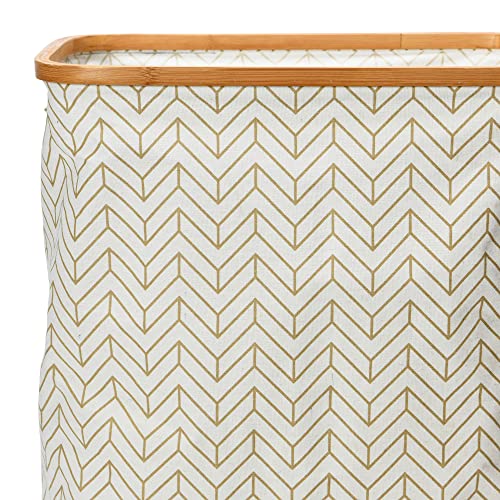 Household Essentials Bamboo Rimmed Rectangle Krush Hamper with Cutout Handles, Tan Chevron