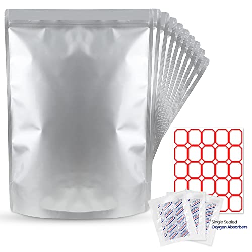 10 Pack - 5 Gallon Mylar Bags For Food Storage with 2500cc Single Sealed Oxygen Absorbers & Labels - 10.5 mil thick, Zipper Resealable Mylar Bag With Stand Up Bottom for Long Term Storage, Heal Seal