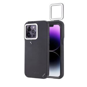 lumee flip - iphone 14 pro case - illuminated flashlight phone cover with front & rear led light up - rechargeable selfie case with flippable dual side light, adjustable brightness - matte black