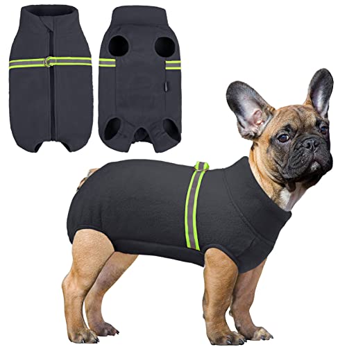 SAWMONG Fleece Dog Vest, Zipper Up Dog Coat Turtleneck Sweater with Harness for Small Medium Dogs, Warm Dog Surgery Recovery Suit, E-Collar Alternative for Male Female Dog,Grey L