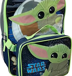 Fast Forward Star Wars The Mandalorian Baby Yoda 15 Inch Kids Backpack With Removable Lunch Box (Grey-Navy-Green)