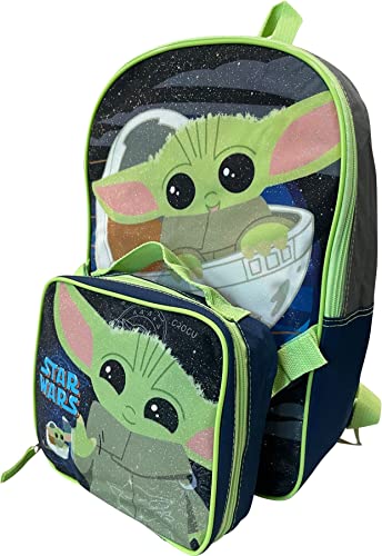 Fast Forward Star Wars The Mandalorian Baby Yoda 15 Inch Kids Backpack With Removable Lunch Box (Grey-Navy-Green)