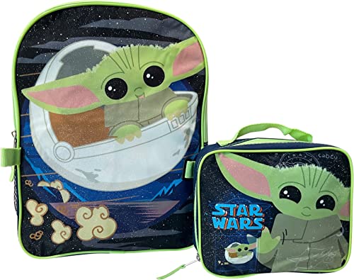 Fast Forward Star Wars The Mandalorian Baby Yoda 15 Inch Kids Backpack With Removable Lunch Box (Grey-Navy-Green)