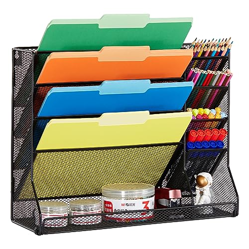 File Organizor Wall Mounted 4 Tiers Durable Adjustable Metal Vertical Hanging With 4 Pen Slots Stable R-shaped Bottom 4 Pull-out Devider to Sort File, Mail, Newspaper,Pen, Suitable for Office,Black