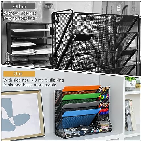 File Organizor Wall Mounted 4 Tiers Durable Adjustable Metal Vertical Hanging With 4 Pen Slots Stable R-shaped Bottom 4 Pull-out Devider to Sort File, Mail, Newspaper,Pen, Suitable for Office,Black