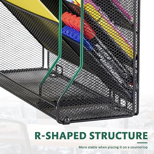 File Organizor Wall Mounted 4 Tiers Durable Adjustable Metal Vertical Hanging With 4 Pen Slots Stable R-shaped Bottom 4 Pull-out Devider to Sort File, Mail, Newspaper,Pen, Suitable for Office,Black