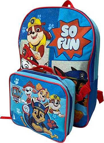 Fast Forward Paw Patrol So Fun 15 Inch Kids Backpack With Removable Lunch Box Set (Blue-Red)