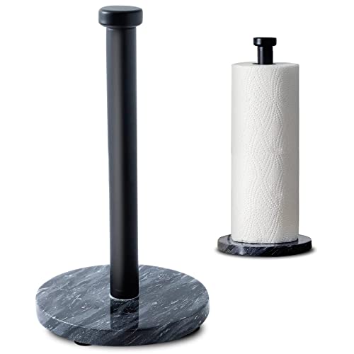 BETTWILL Paper Towel Holder with Marble Base, Kitchen Standing Paper Towel Roll Holder, Black Paper Towel Holder for Kitchen Countertop, Standard or Jumbo-Sized Roll Holder, Black Kitchen Accessories