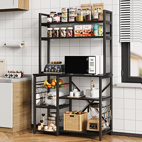 Gizoon Home Kitchen Baker's Rack with Spacious Storage, 5 Tier Versatile Microwave Stand Shelf with Basket & Side Hooks,Free Standing, Sturdy, Durable-Black