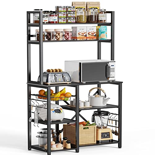 Gizoon Home Kitchen Baker's Rack with Spacious Storage, 5 Tier Versatile Microwave Stand Shelf with Basket & Side Hooks,Free Standing, Sturdy, Durable-Black