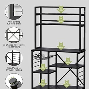 Gizoon Home Kitchen Baker's Rack with Spacious Storage, 5 Tier Versatile Microwave Stand Shelf with Basket & Side Hooks,Free Standing, Sturdy, Durable-Black