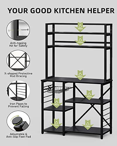 Gizoon Home Kitchen Baker's Rack with Spacious Storage, 5 Tier Versatile Microwave Stand Shelf with Basket & Side Hooks,Free Standing, Sturdy, Durable-Black