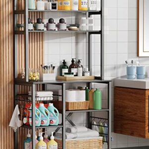 Gizoon Home Kitchen Baker's Rack with Spacious Storage, 5 Tier Versatile Microwave Stand Shelf with Basket & Side Hooks,Free Standing, Sturdy, Durable-Black