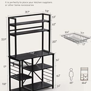 Gizoon Home Kitchen Baker's Rack with Spacious Storage, 5 Tier Versatile Microwave Stand Shelf with Basket & Side Hooks,Free Standing, Sturdy, Durable-Black