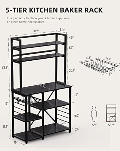 Gizoon Home Kitchen Baker's Rack with Spacious Storage, 5 Tier Versatile Microwave Stand Shelf with Basket & Side Hooks,Free Standing, Sturdy, Durable-Black