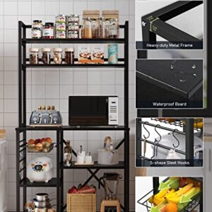 Gizoon Home Kitchen Baker's Rack with Spacious Storage, 5 Tier Versatile Microwave Stand Shelf with Basket & Side Hooks,Free Standing, Sturdy, Durable-Black