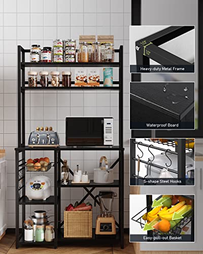 Gizoon Home Kitchen Baker's Rack with Spacious Storage, 5 Tier Versatile Microwave Stand Shelf with Basket & Side Hooks,Free Standing, Sturdy, Durable-Black