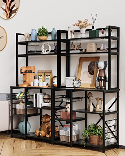 Gizoon Home Kitchen Baker's Rack with Spacious Storage, 5 Tier Versatile Microwave Stand Shelf with Basket & Side Hooks,Free Standing, Sturdy, Durable-Black