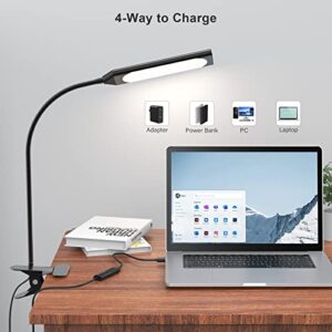 JUANWE LED Desk Lamp Reading Light, Clip on Light, Dimmable Clamp Light with USB Charging Port, 3 Modes & 14 Brightness Levels 5W LED Metal Clip Light, Black