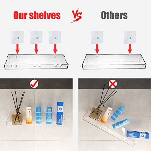 XQIGI Acrylic Shelves Bathroom 2 Pack Clear Shower Floating Shelf with Hooks Transparent Wall Mounted No Drilling Thick Storage Display Shelving (2 Pcs Shelves)