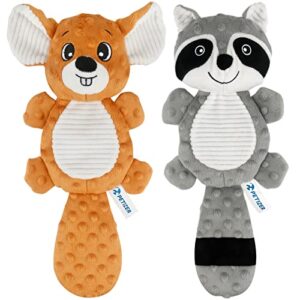 petizer plush squeaky dog toys, stuffed and crinkle dog chew toys, interactive toys for puppies, small, medium and large dogs, cute squirrel and raccoon, 2 pack