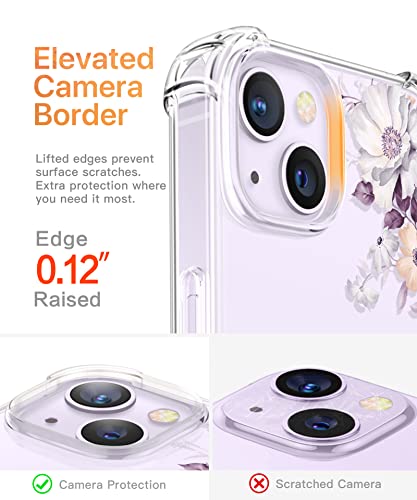 GVIEWIN Case Compatible with iPhone 14 Plus 6.7 Inch,with Screen Protector + Camera Lens Protector, Clear Flower Shockproof Soft Protective Floral Designed Women Phone Cover, 2022 (Aster/Purple)