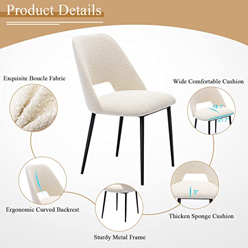 JIRAIN Mid Century Modern Dining Chair Set of 2, Boucle Fabric Upholstered Dining Chairs with Metal Legs, Round Back Sherpa Chairs for Kitchen Living Room（Armless, Beige）