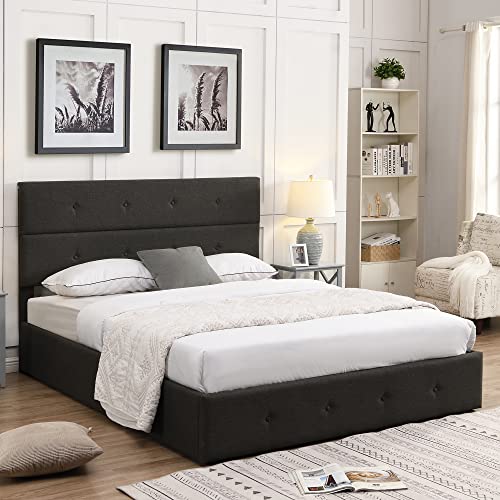 Harper & Bright Designs Queen Platform Bed Frame with Storage Underneath, Metal Size Lift Up , Headboard, Upholstered Bentwood Slats, Gray