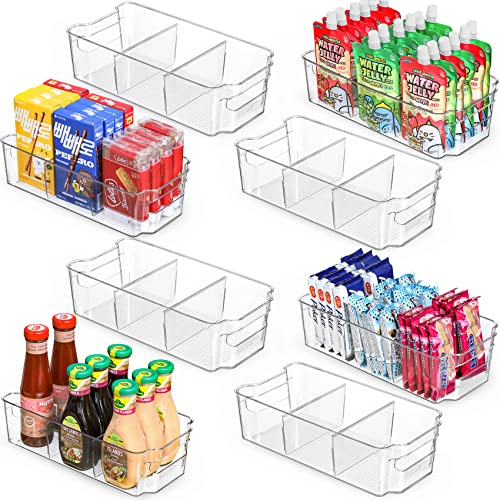 Set of 8 Multiuse Clear Organizing Bins with Removable Dividers - Snack, Food, Pantry Organization and Storage - Fridge Refrigerator Organizer Bins - Stackable Plastic Container for Home, Kitchen, RV