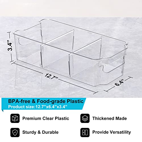 Set of 8 Multiuse Clear Organizing Bins with Removable Dividers - Snack, Food, Pantry Organization and Storage - Fridge Refrigerator Organizer Bins - Stackable Plastic Container for Home, Kitchen, RV