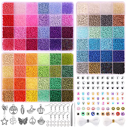 QUEFE 14400pcs 72 Colors, 3mm Glass Seed Beads for Bracelet Making Kit, Small Beads for Jewelry Making with Letter Beads for Crafts Gifts