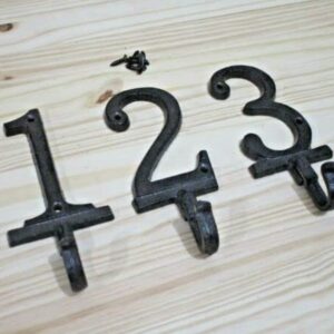 3 Cast Iron Coat Hooks 1 2 3 Numbers Numbered Rustic Hallway Entryway Old Style for Mudroom, Coat Hook, Purse Rack, Hat Hooks