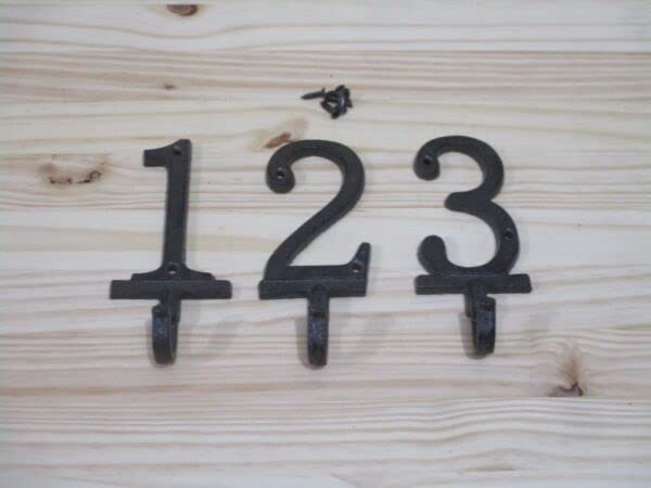 3 Cast Iron Coat Hooks 1 2 3 Numbers Numbered Rustic Hallway Entryway Old Style for Mudroom, Coat Hook, Purse Rack, Hat Hooks