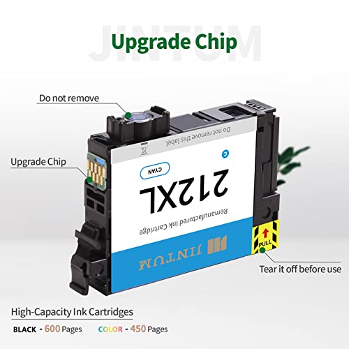 JINTUM 212XL Ink Cartridges Remanufactured Epson 212XL Ink Cartridges for Epson 212XL T212XL for Expression Home XP-4100 XP-4105 Workforce WF-2850 WF-2830 Printer (5-Pack)