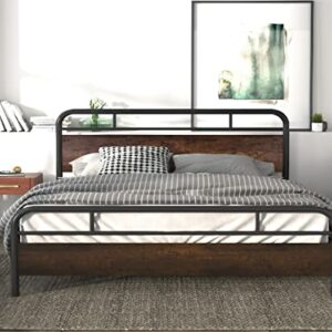 Allewie Heavy Metal King Bed Frame with Headboard & Footboard, Platform Bed with Strong 13 Support, Noise Free, No Box Spring Needed, Easy Assembly, Sandalwood Brown