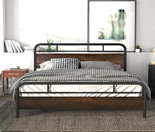 Allewie Heavy Metal King Bed Frame with Headboard & Footboard, Platform Bed with Strong 13 Support, Noise Free, No Box Spring Needed, Easy Assembly, Sandalwood Brown