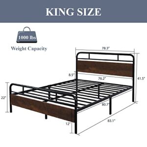 Allewie Heavy Metal King Bed Frame with Headboard & Footboard, Platform Bed with Strong 13 Support, Noise Free, No Box Spring Needed, Easy Assembly, Sandalwood Brown