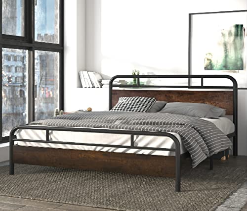 Allewie Heavy Metal King Bed Frame with Headboard & Footboard, Platform Bed with Strong 13 Support, Noise Free, No Box Spring Needed, Easy Assembly, Sandalwood Brown