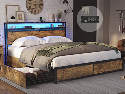 Tiptiper Bed Frame Queen Size with LED Lights Headboard & Storage Drawers, Industrial Metal Platform Bed with 2 Charging Outlets and 2 USB Ports, No Squeak, Super Strong Support, Rustic Brown