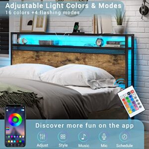 Tiptiper Bed Frame Queen Size with LED Lights Headboard & Storage Drawers, Industrial Metal Platform Bed with 2 Charging Outlets and 2 USB Ports, No Squeak, Super Strong Support, Rustic Brown