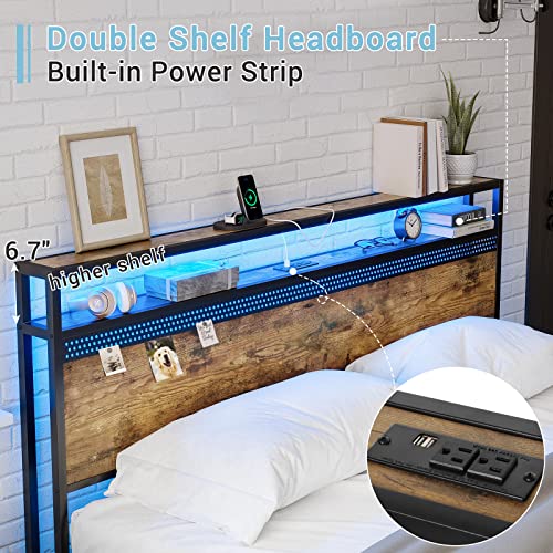 Tiptiper Bed Frame Queen Size with LED Lights Headboard & Storage Drawers, Industrial Metal Platform Bed with 2 Charging Outlets and 2 USB Ports, No Squeak, Super Strong Support, Rustic Brown