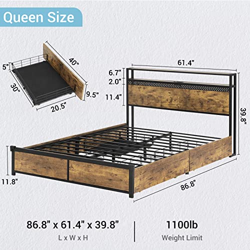 Tiptiper Bed Frame Queen Size with LED Lights Headboard & Storage Drawers, Industrial Metal Platform Bed with 2 Charging Outlets and 2 USB Ports, No Squeak, Super Strong Support, Rustic Brown