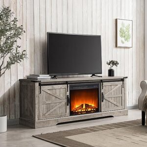 OKD Fireplace TV Stand for 75+ Inch tv, Farmhouse Entertainment Center with 23" Electric Fireplace and Remote Control, Long Rustic Media Console Cabinet with Sliding Barn Door, Light Rustic Oak