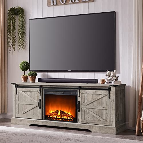 OKD Fireplace TV Stand for 75+ Inch tv, Farmhouse Entertainment Center with 23" Electric Fireplace and Remote Control, Long Rustic Media Console Cabinet with Sliding Barn Door, Light Rustic Oak