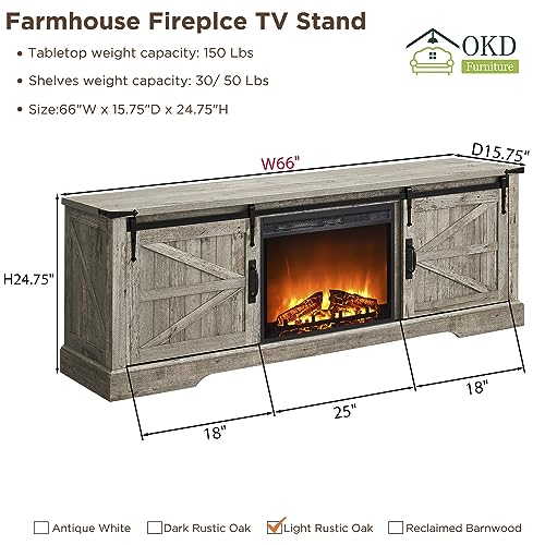 OKD Fireplace TV Stand for 75+ Inch tv, Farmhouse Entertainment Center with 23" Electric Fireplace and Remote Control, Long Rustic Media Console Cabinet with Sliding Barn Door, Light Rustic Oak