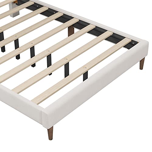 P PURLOVE Queen Linen Upholstered Platform Bed, Platform Bed Frame with Vertical Channel Tufted Headboard, No Box Spring Needed, Easy Assembly, Strong Wooden Slats, Cream