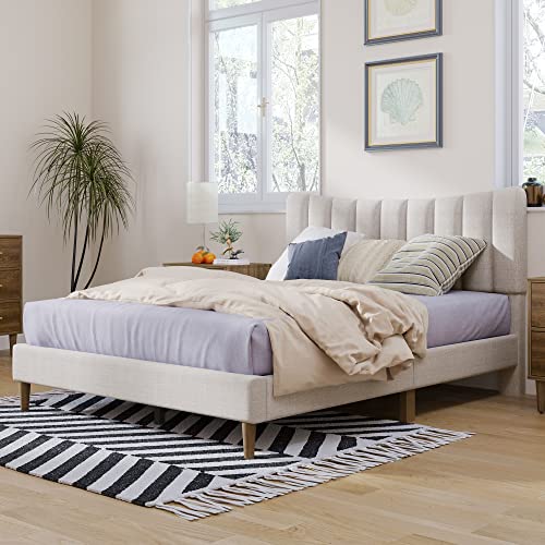 P PURLOVE Queen Linen Upholstered Platform Bed, Platform Bed Frame with Vertical Channel Tufted Headboard, No Box Spring Needed, Easy Assembly, Strong Wooden Slats, Cream