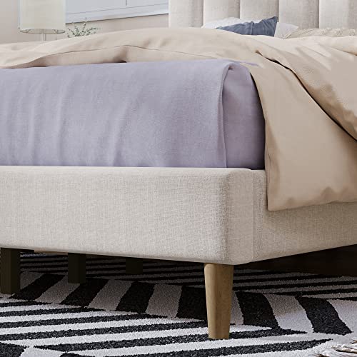 P PURLOVE Queen Linen Upholstered Platform Bed, Platform Bed Frame with Vertical Channel Tufted Headboard, No Box Spring Needed, Easy Assembly, Strong Wooden Slats, Cream