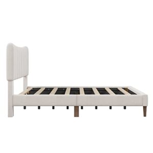 P PURLOVE Queen Linen Upholstered Platform Bed, Platform Bed Frame with Vertical Channel Tufted Headboard, No Box Spring Needed, Easy Assembly, Strong Wooden Slats, Cream