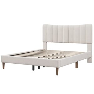 P PURLOVE Queen Linen Upholstered Platform Bed, Platform Bed Frame with Vertical Channel Tufted Headboard, No Box Spring Needed, Easy Assembly, Strong Wooden Slats, Cream